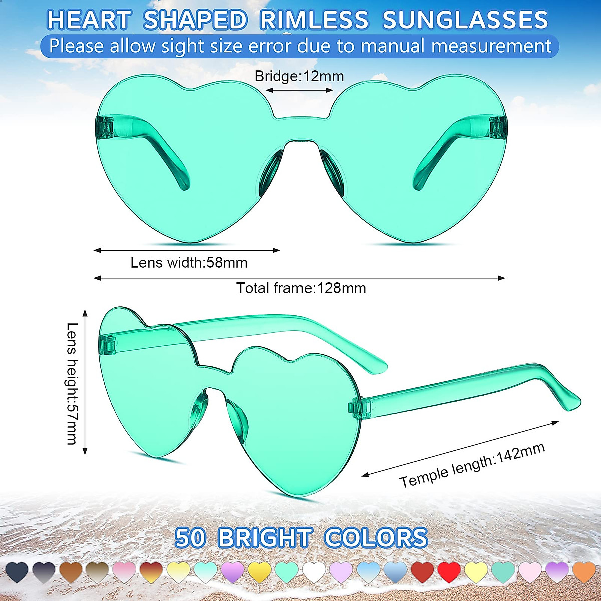 50 Pairs Heart Shaped Rimless Sunglasses Bulk Transparent Colored Love Glasses Frameless Eyewear Party Favor Women Kid Adult(Multicolored)