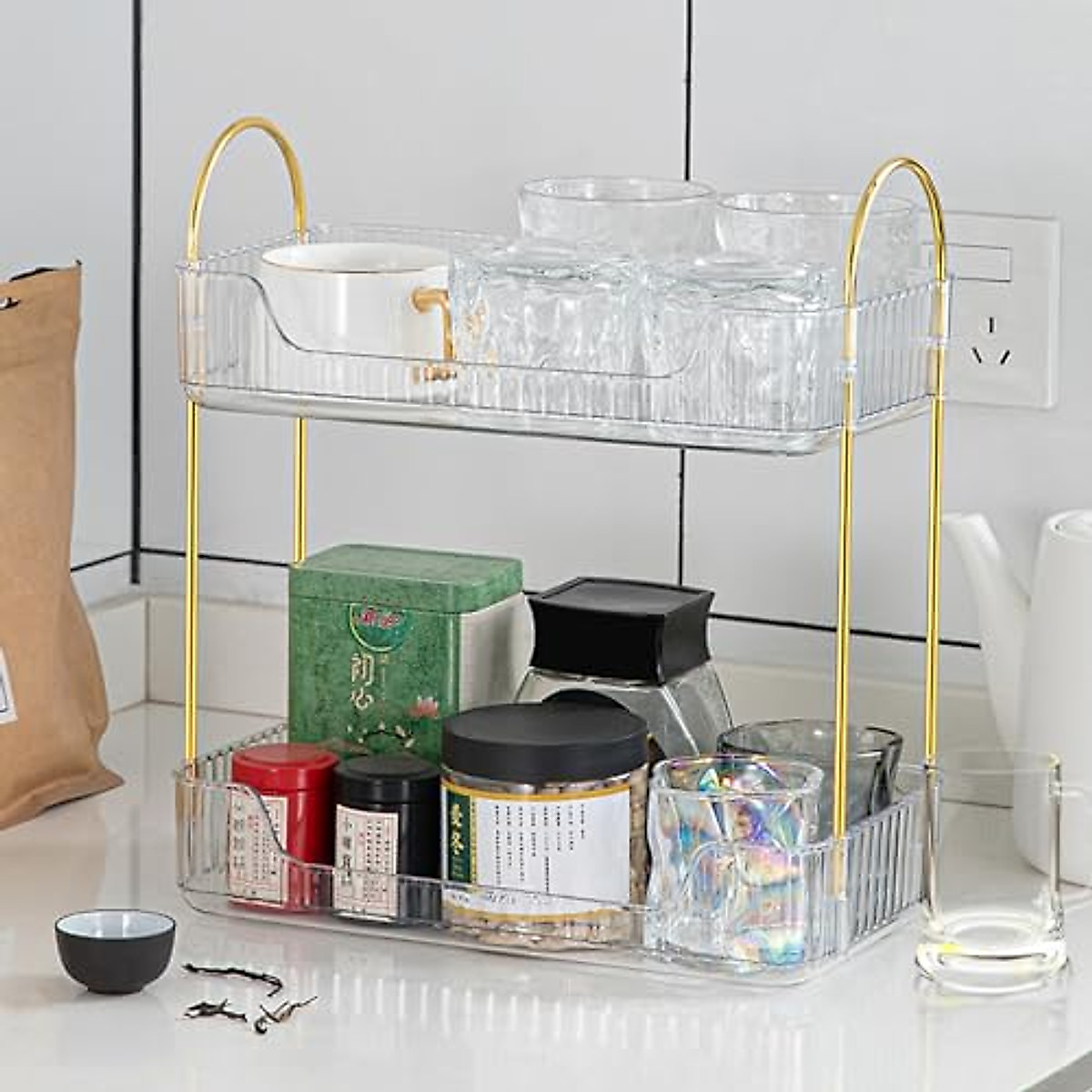 COMVTUPY Bathroom Counter Organizer Countertop Storage Cosmetics Skincare Shelf Organizer Makeup Organizer Perfume for Dresser Vanity Tray Spice Rack Organizer for Kitchen(2 Tier-Clear)