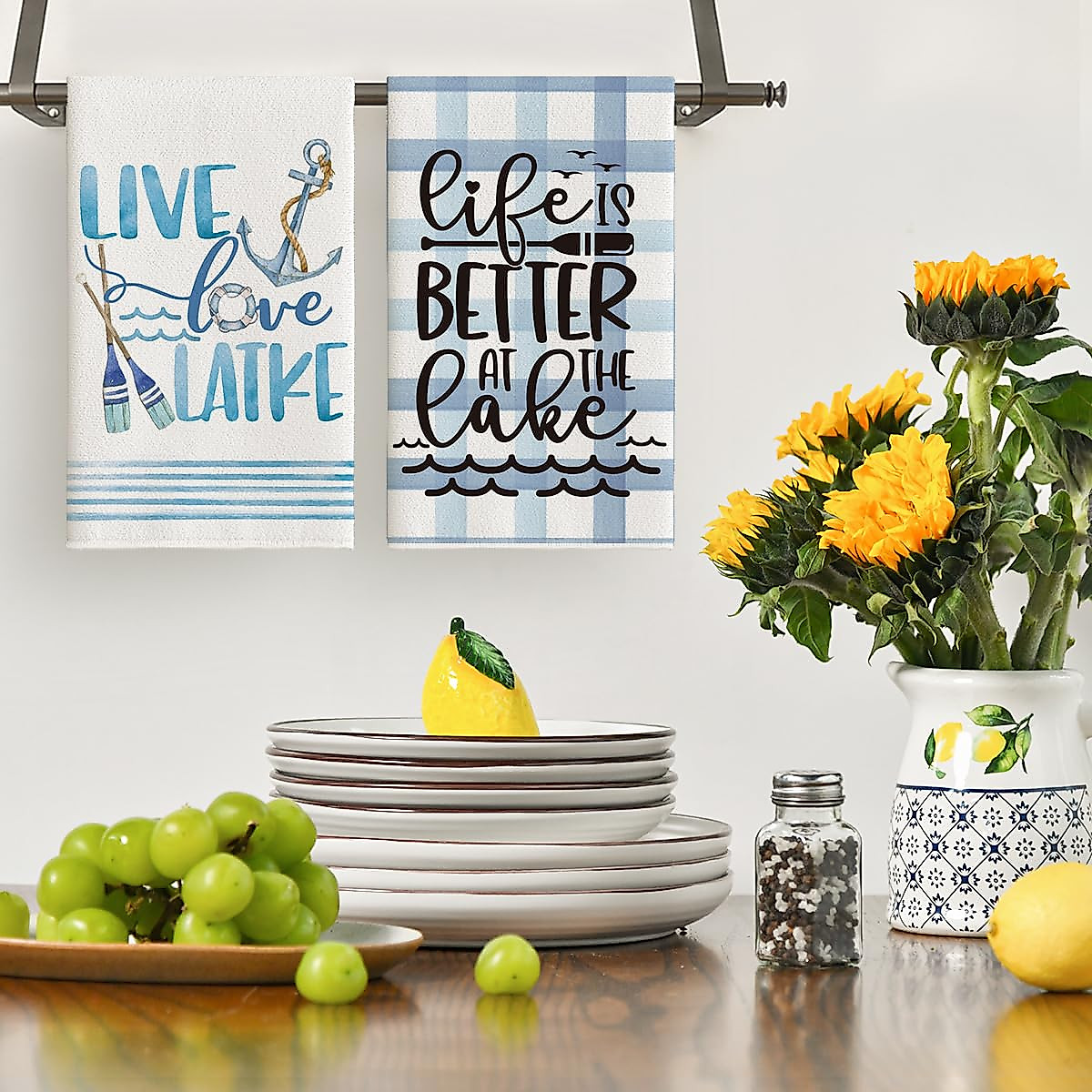 Artoid Mode Buffalo Plaid Stripes Anchors Lake Summer Kitchen Towels Dish Towels, 18x26 Inch Seasonal Decoration Hand Towels Set of 4