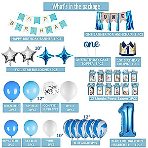JOYYPOP 1st Birthday Boy Decorations 66PCS Blue 1st Birthday Decorations for Boy with 12 Months Photo Banner, 1st Birthday Baby Crown, Cake Topper, 1st Birthday Highchair Banner