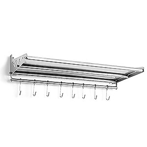 Funan Mountain Stainless Stell Wall Mount Shelf with Hooks 304 Bathroom Kitchen Commercial Shelf Rack Restaurant Bar Multifunctional Storage Shelf (10.63, 23.62)