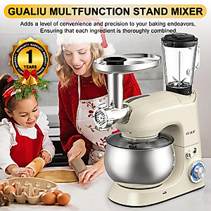 GUALIU 7-IN-1 Stand Mixer, 6+P Speeds Kitchen Electric Mixer, 5.3QT Stainless Steel Bowl Mixer With Dough Hook, Whisk, Beater, Meat Grinder, Blender, Multifunctional Household Kitchen Mixer