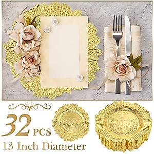 32 Pack Charger Plates Set Reef Plate Chargers for Dinner Table Serving Tray Floral Plastic Decorative Plates for Table Setting Wedding Party, 13 Inch (Gold)