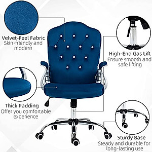 Vinsetto Home Office Chair, Velvet Computer Chair, Button Tufted Desk Chair with Swivel Wheels, Adjustable Height, and Tilt Function, Blue