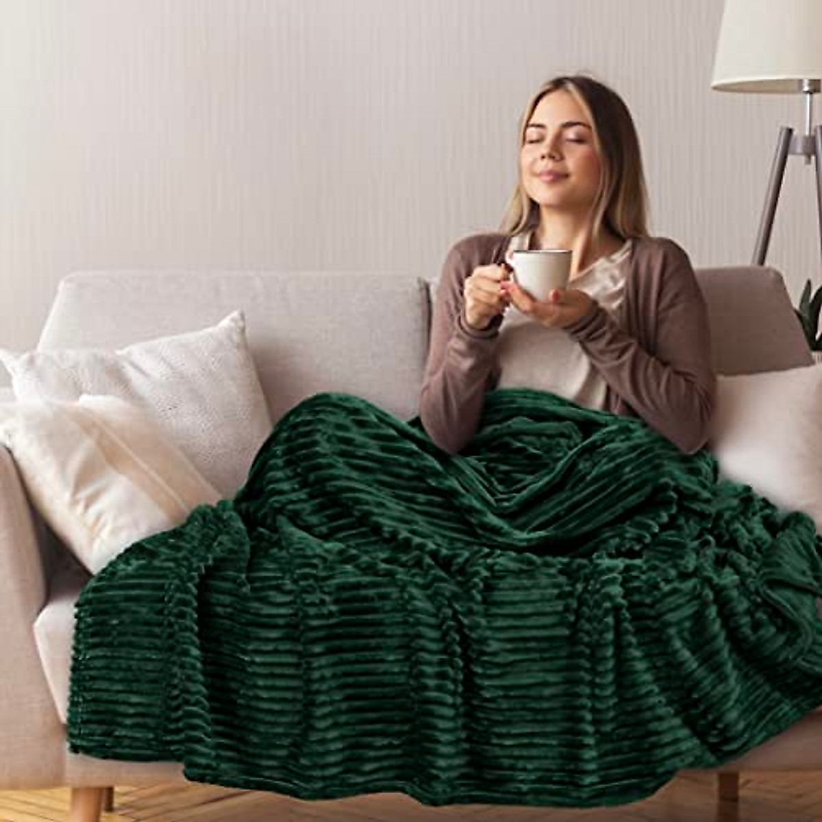 PAVILIA Cozy Fleece Blanket Throw | Fuzzy, Super Soft, Plush, Luxury Flannel Throw | Warm Ribbed Microfiber Blanket for Sofa Couch Bed (Emerald Green, 50x60 inches)
