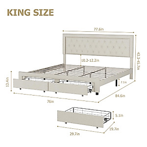 Keyluv King Bed Frame with 2 Storage Drawers and Adjustable Headboard, High-End Fabric Platform Bed with Button Tufted, Wooden Slats No Box Spring Needed/Easy Assembly, Beige