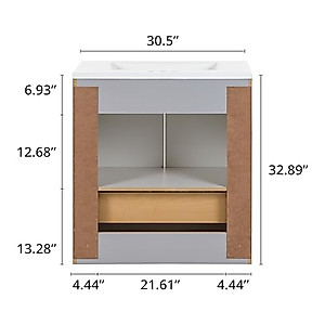 Spring Mill Cabinets Emlyn 30 Inch Bathroom Vanity with White Single Sink Top, 2-Door Cabinet, 1 Drawer, 30.5" W x 18.75" D x 32.89" H, White