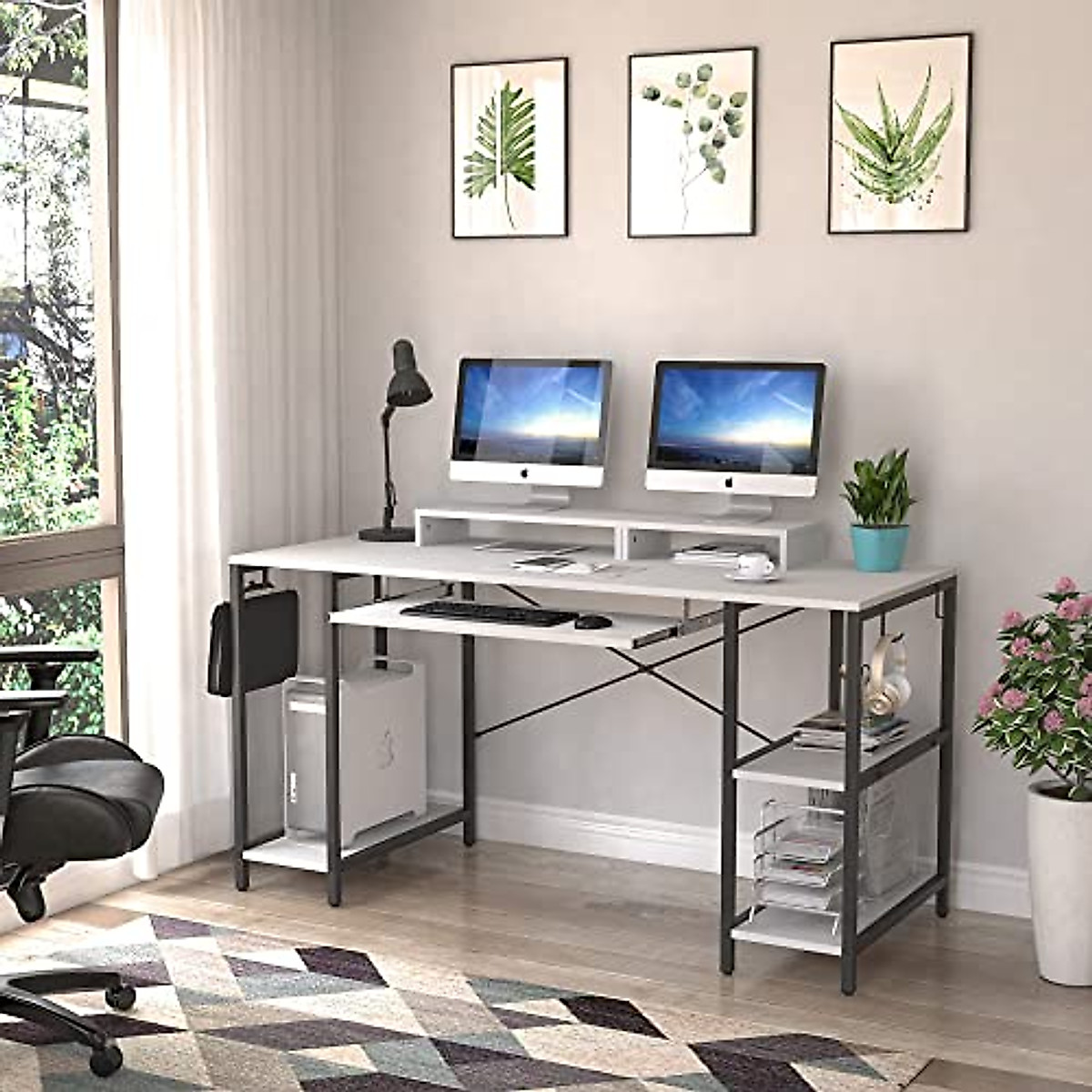 White Desk with Keyboard Tray, 55 INCH Desk with Storage Shelves Modern Computer Desks for Home Office Study Desk with Monitor Shelf Industrial PC Desk Studio Desk with Iron Hooks, Easy to Assemble