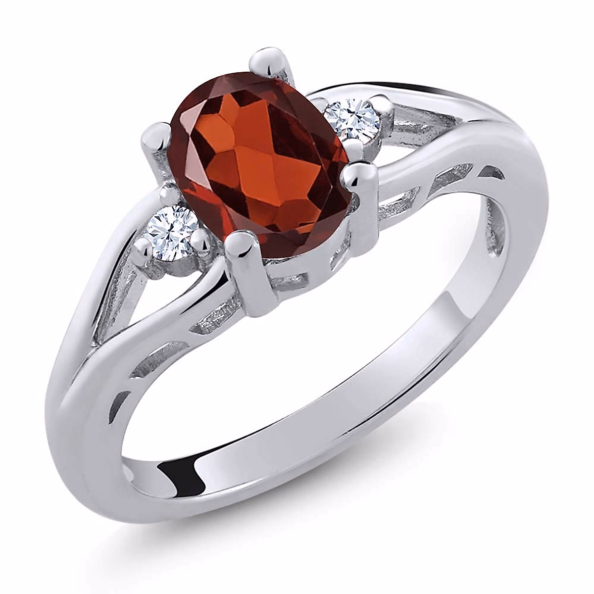 Gem Stone King 925 Sterling Silver Red Garnet and White Topaz 3 Stone Engagement Ring For Women | 1.28 Cttw | Oval 8X6MM | Round 2MM | Gemstone January Birthstone | Size 8