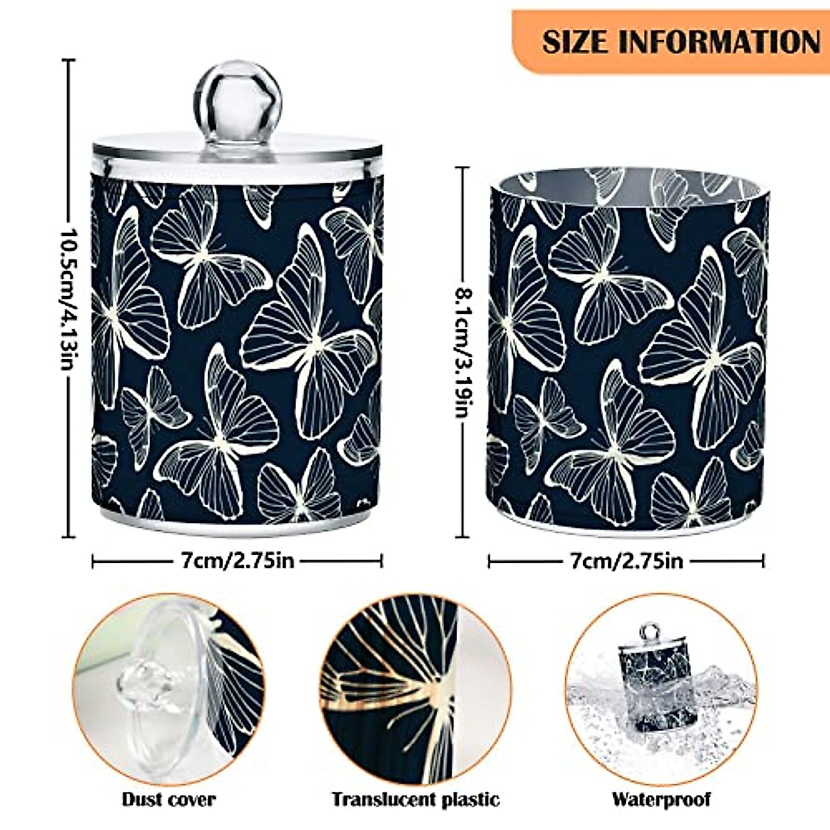 xigua 4 Pack Butterfly Black Apothecary Jars with Lid, Qtip Holder Storage Containers for Cotton Ball, Swabs, Pads, Clear Plastic Canisters for Bathroom Vanity Organization (10 Oz)