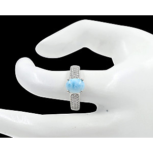 March Birthstone 9X7 MM Oval Natural Blue Larimar Cabochon Gemstone 925 Sterling Silver Solitaire Unisex Proposal Ring For Love and Friendship Gift (Rhodium Plated Silver, 7)