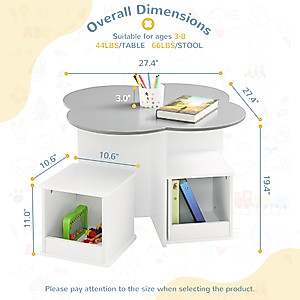 Curipeer Toddler Table and Chair Set with 4 Storage Stools, Flower Shaped Nesting Design Table with Built-in Pen Holder, Kids Table for Activity/Play/Art/Read/Craft, Grey & White
