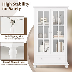 Giantex 55" White Bookcase with Doors and Drawer, Tall Wooden Bookshelf Organizer with Adjustable Shelves, Freestanding Glass Display Storage Cabinet for Living Room Bedroom Kitchen Pantry