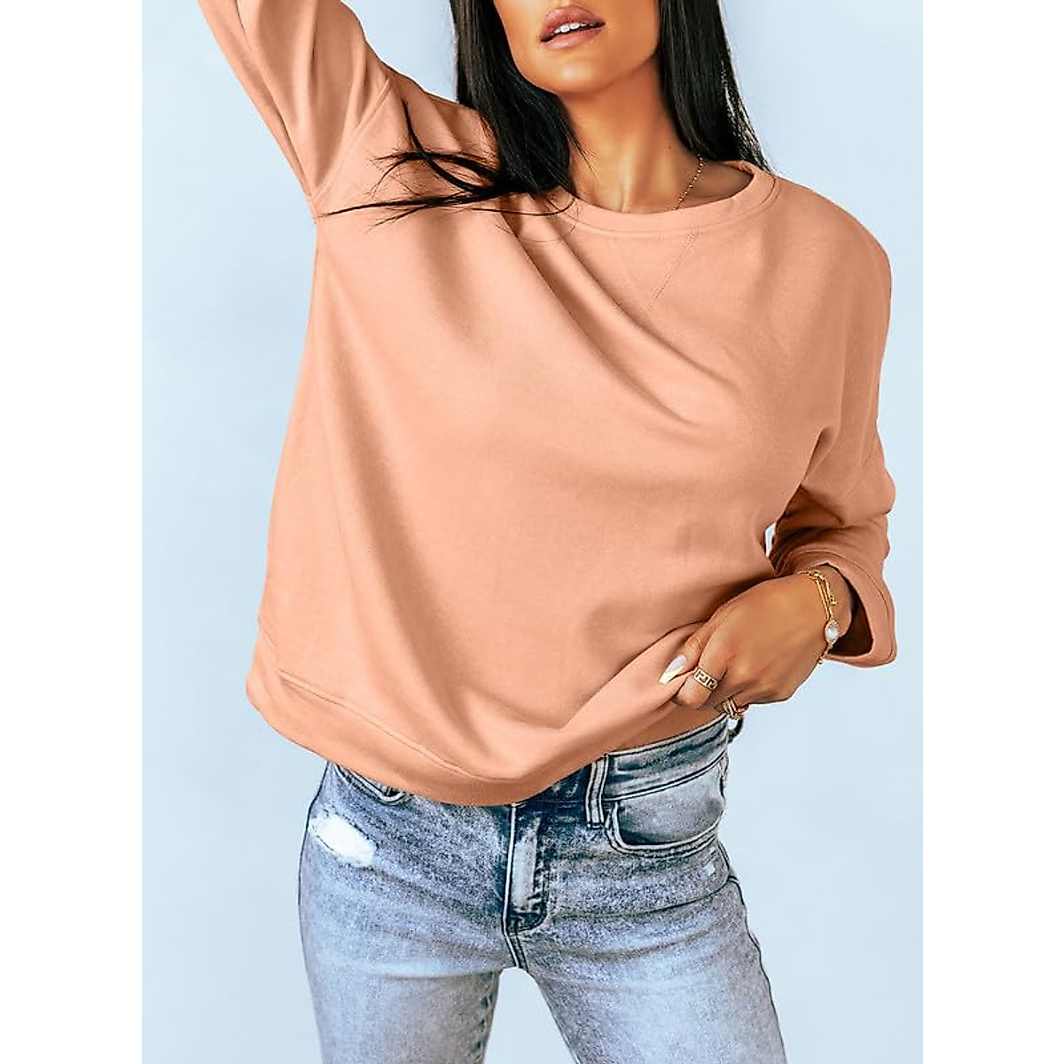 Dokotoo Women's Long Sleeve Crewneck Side Split Pullover Tunic Sweatshirt - Apricot Powder, Large