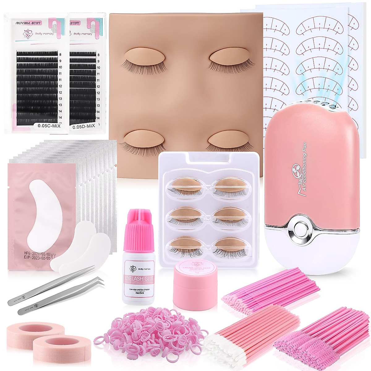 Pretty memory 225 PCS Eyelash Extension Kit with Lash Mannequin Head, Lash Fan, Eyelash Extension Glue, Eyelash Remover Cream, Lash Tweezers, Lash Extension Supplies for Eyelash Extension Practice