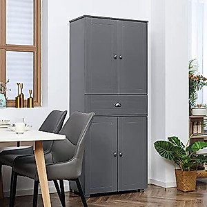 HOMCOM 72" Freestanding Kitchen Pantry Cabinet with 2 Large Double Door Cabinets and 1 Center Drawer, Grey