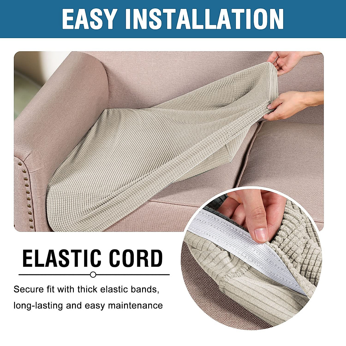 H.VERSAILTEX Super Stretch Individual Seat Cushion Covers Sofa Covers Couch Cushion Covers Slipcover Sets Thick Jacquard Textured Twill Fabric (3 Piece Sofa Cushion Covers, Island Fossi)