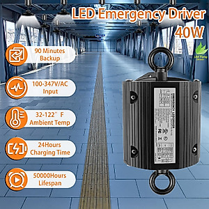 40W LED Emergency Backup Driver, Rechargeable LED Light Emergency Backup Battery for Dimmable UFO LED High Bay Light, Input AC 100-347V Output DC 170V, Emergency Time 90 Minutes, UL Listed