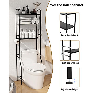 CAMOAT Over The Toilet Storage Shelf, Metallic Black 3-Tier Over Toilet Bathroom Organizer, Adjustable Foot Height with 4 Hooks 19.3" Wide Toilet Shelf Rack
