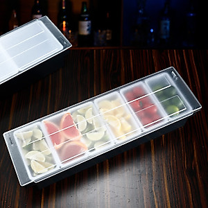 TRBIDRBO 6 Compartment Fruit Veggie Condiment Caddy with Lid, Plastic Ice Cooled Condiment Serving Container Chilled Garnish Tray Bar Caddy