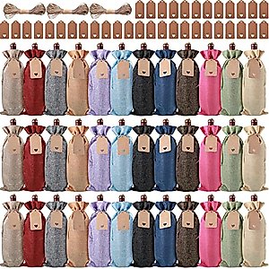 36 Pcs Burlap Wine Bags Wine Gift Bag Wine Bottle Cover with Drawstrings Reusable Wine Bottle Bags Champagne Bottle Present Bags with Ropes and Tags for Christmas Birthday Home Storage