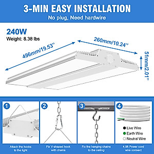 ADUB LED High Bay Light 240W 192W 144W, 1.63FT LED Warehouse Light 3000K 4000K 5000K, 36000LM, 400W LED High Bay Shop Light, 2.2 FT UL Listed LED High Bay Light 0-10V Dimmable