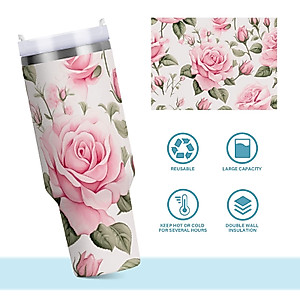 30 oz Chic Pink Rose Insulated Tumbler with Handle, Stainless Steel Vacuum Water Bottles with Lid and Straw for Water, Iced Tea or Coffee