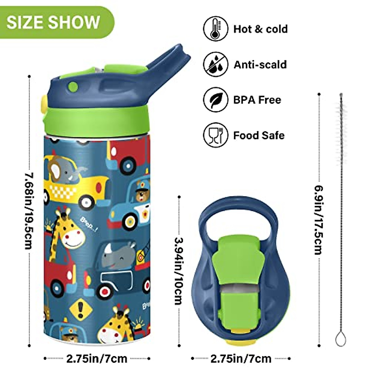 Kigai Funny Cartoon Car Kids Insulated Water Bottle with Straw - Stainless Steel Travel Tumbler Double Wall Vacuum Leak Proof Kids Cup Hot for School Boys Girls