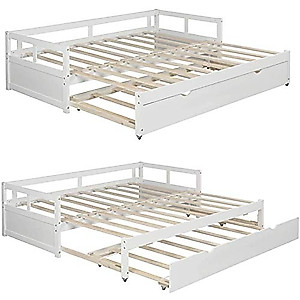 MERITLINE Daybed with Trundle,Twin to King Trundle Bed Extendable Design, Wooden Daybed/Sofa Bed for Bedroom Living Room,No Box Spring Needed,White