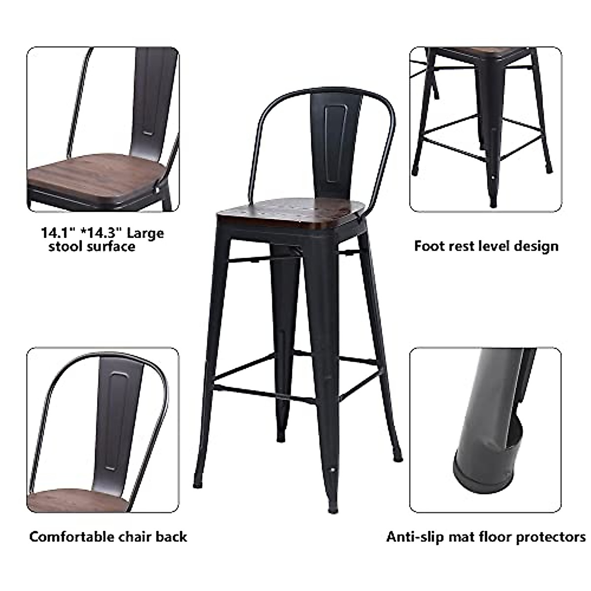 Andeworld 26 Inch Swivel Bar Stools Industrial Metal Barstools High Back Dining Bar Chairs Counter Height Stools with Wooden Seat Set of 4(26inch, Black)