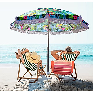 AMMSUN 6.5ft Heavy Duty HIGH Wind fringe Beach Umbrella with sand anchor & Tilt Sun Shelter , UV 50+ Sun Protection Outdoor Sunshade Umbrella with Carry Bag for Patio Garden Beach Pool Backyard Sports Multicolor Green