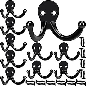 MsBong 10 Pack Coat Hooks,Wall Hooks for Hanging Coat,Heavy Duty Double Prong Coat Hooks Wall Mounted with 20 Screws, Black Hooks Indoor and Outdoor Hooks