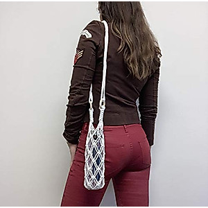 MorVin Macrame Water Bottle Carrier - Eco-Friendly 100% Cotton Water Bottle Bag - Long Strap Boho Bottle Bag - Wine Bottle Carrier - Hands Free Bag for Hiking, Cycling, Fitness - Wine Accessories