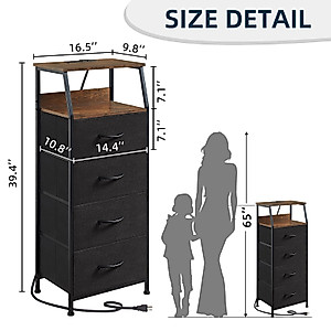 Somdot Black Nightstand with Charging Station and LED Light for Bedroom, Tall 4 Drawers Dresser with Fabric Bins for Bedside Laundry Closet Entryway Hallway, Black Rustic Brown