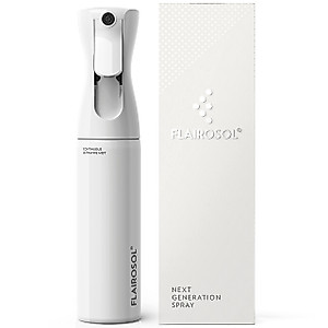 FLAIROSOL - The Original, Spray Bottle for Hair, Continuous Ultra Fine Water Mister Spray Bottle for Hairstyling, Barbers, Salons, Cleaning, Plants, 10.1oz/300ml, White Bottle - Black Print