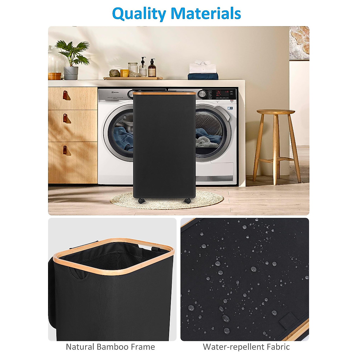 efluky Laundry Basket with Wheels, Rolling Laundry Basket with Lid and Removable Bag, Dirty Clothes Basket with Wheels for Laundry Room, Bedroom & Bathroom, 100L (26.4 Gallon) Black