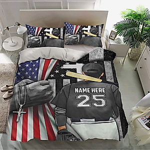 OhaPrints Personalized Baseball Duvet Cover, Baseball Player Christian American Flag Cross Bedding Set & Pillowcases Custom Name & Number Soft Lightweight Twin Full Queen King Comforter Cover Bed Set