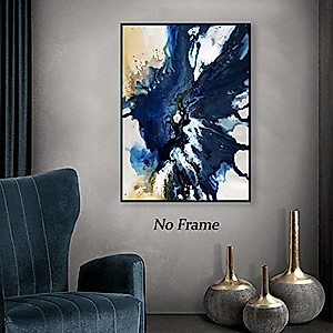 Navy Blue and Gold Paintings Blue White and Gold Canvas Wall Art Modern Navy Blue Art Abstract Blue Watercolor Painting Dark Blue Abstract Art Print Blue White Yellow Modern Artwork 16x24inch No Frame
