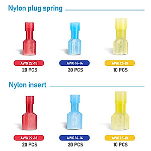 TICONN 100 Pcs Nylon Spade Quick Disconnect Connectors Kit, Electrical Insulated Terminals, Male and Female Spade Wire Crimp Terminal Assortment Kit