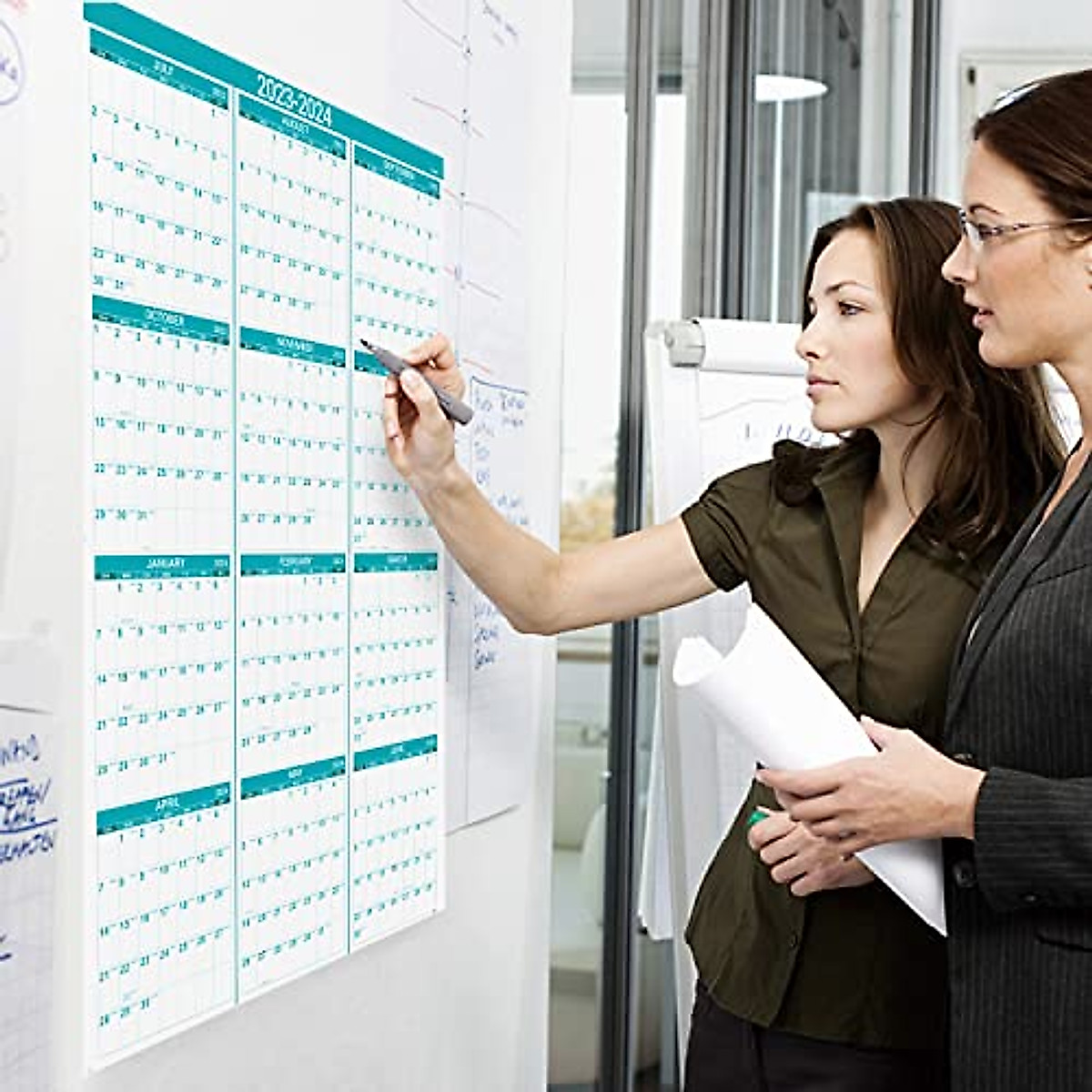 Wall Calendar with Julian Date, July 2023 - June 2024 Yearly, One Page for Organizing, Premium Thick Paper, Vertical, Gift Pocket, 34.8" x 22.8" (Open)