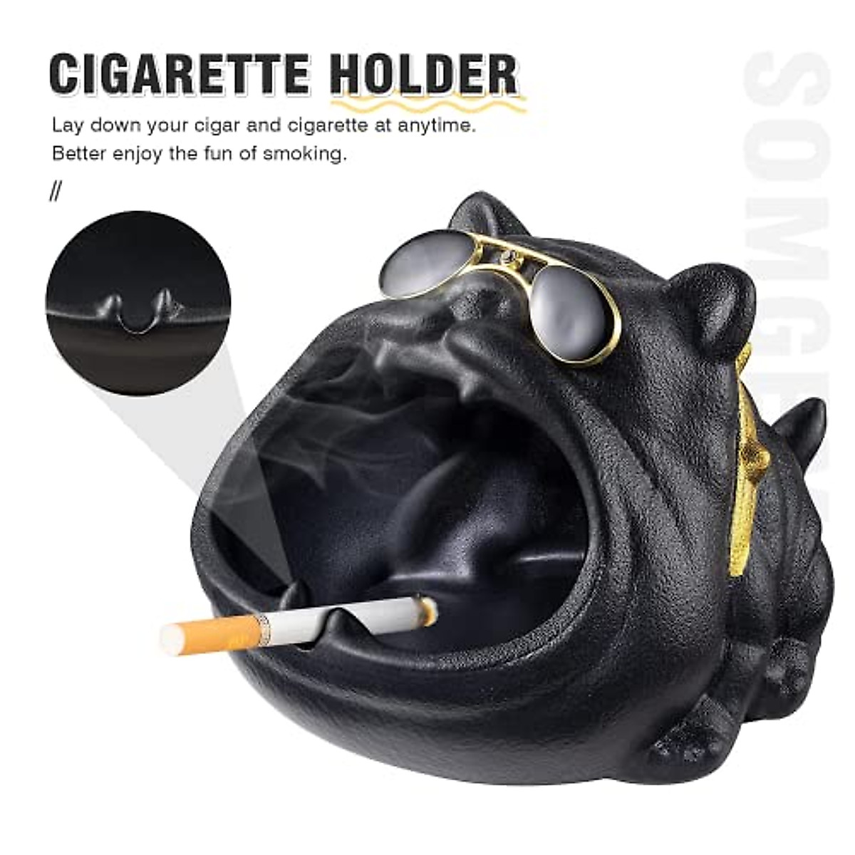 SOMGEM Outdoor Ashtray for Cigarette, Cool Ash Tray Sets for weed, Decorative Fancy Ashtrays of Black Bully Dog Design, Ceramic Desktop Ash Holder for Patio Home Office, Great Gift for Men Women