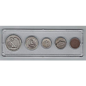 1947 Birth Year Coin Set- (5) Coins - Silver Half Dollar, Silver Quarter, Silver Dime, Nickel, and Lincoln Cent - All dated 1947 in a Plastic Display Holder Fine