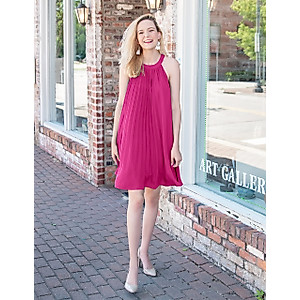 PRETTYGARDEN Summer Mini Halter Dresses for Women 2025 Sleeveless Pleated Short A Line Flowy Beach Wedding Guest Dress (Rose Red,Medium)