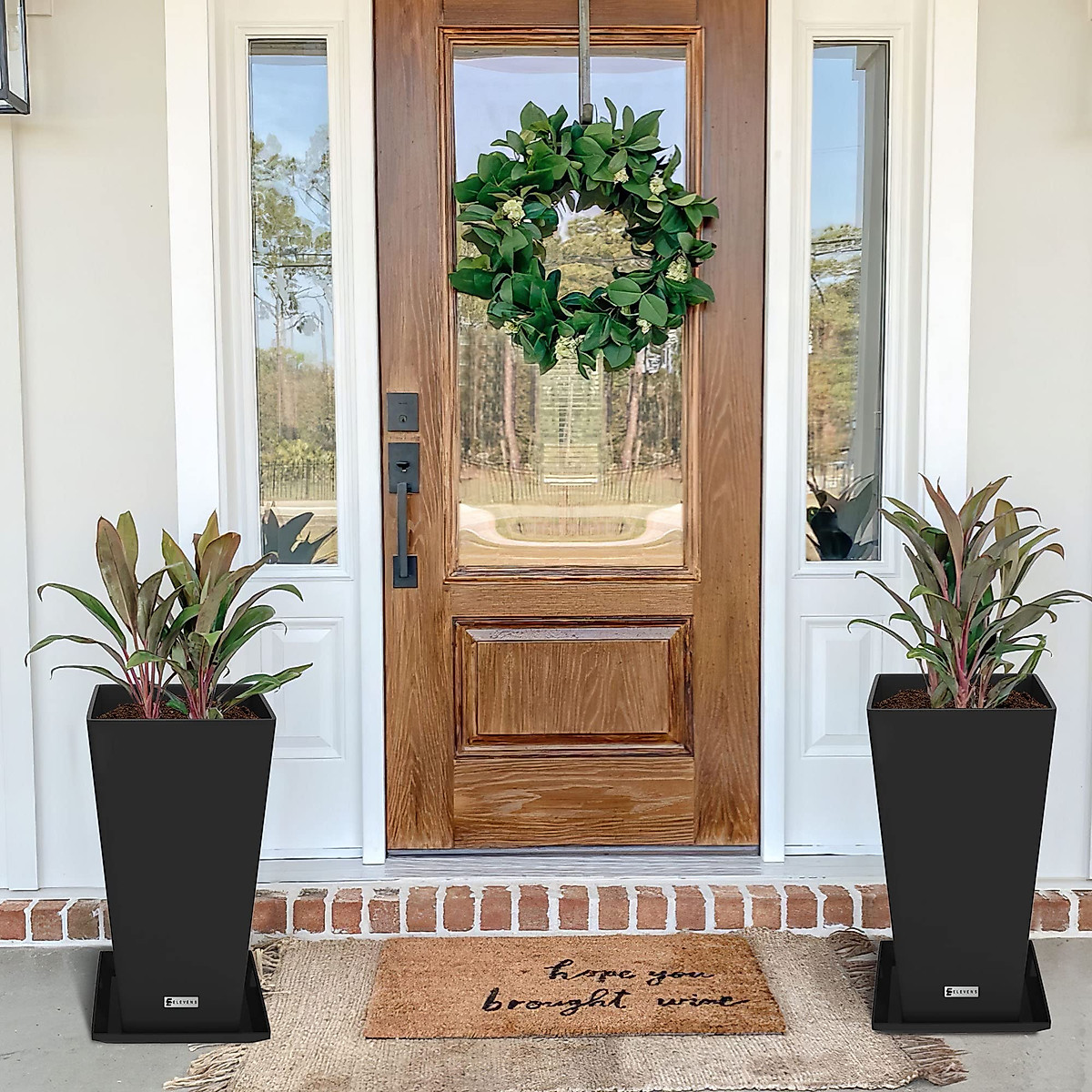 Elevens Tall Planters 27 Inch Tapered Square Planters Garden Flower Pots,Indoor/Outdoor Planter with Tray, Large Planter for Patio Black-2 Pack