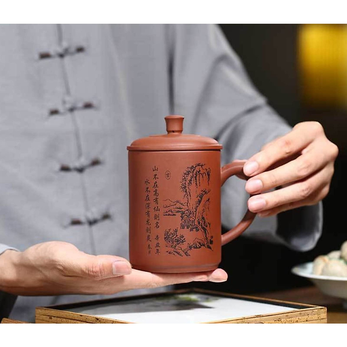 XIYUAN Yixing Zisha Tea Cup, Fine Handmade Purple Clay Tea Cup with Lid, Chinese Ceramic Tea Cup Coffee Cup 19oz Use for: Home Party, Office, Reception Room