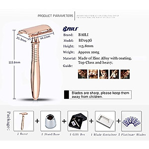 BAILI 3-Piece Double Edge Safety Razor Long Handle Wet Shaving for Men Women with 5 Platinum Blades and Stand Rose Gold BD193G