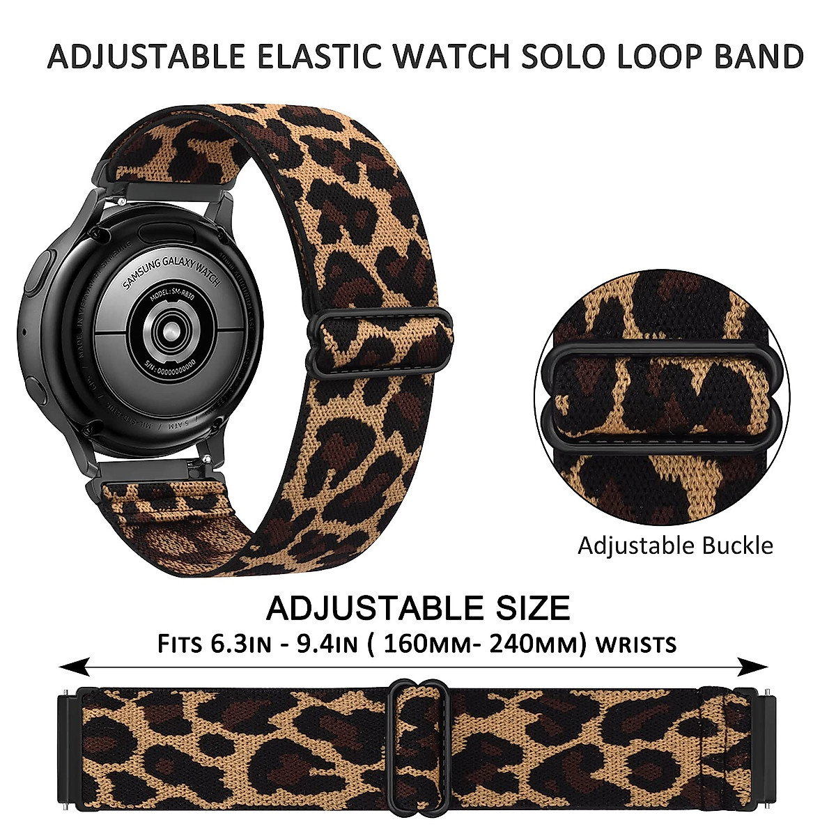 Wanme Elastic Bands for Samsung Galaxy Watch 4 40mm 44mm, Galaxy Watch 4 Classic 42mm 46mm, Galaxy Active 2 Band, 20mm Adjustable Soft Stretch Wristband for Galaxy Watch 4/Active 2 (Leopard)