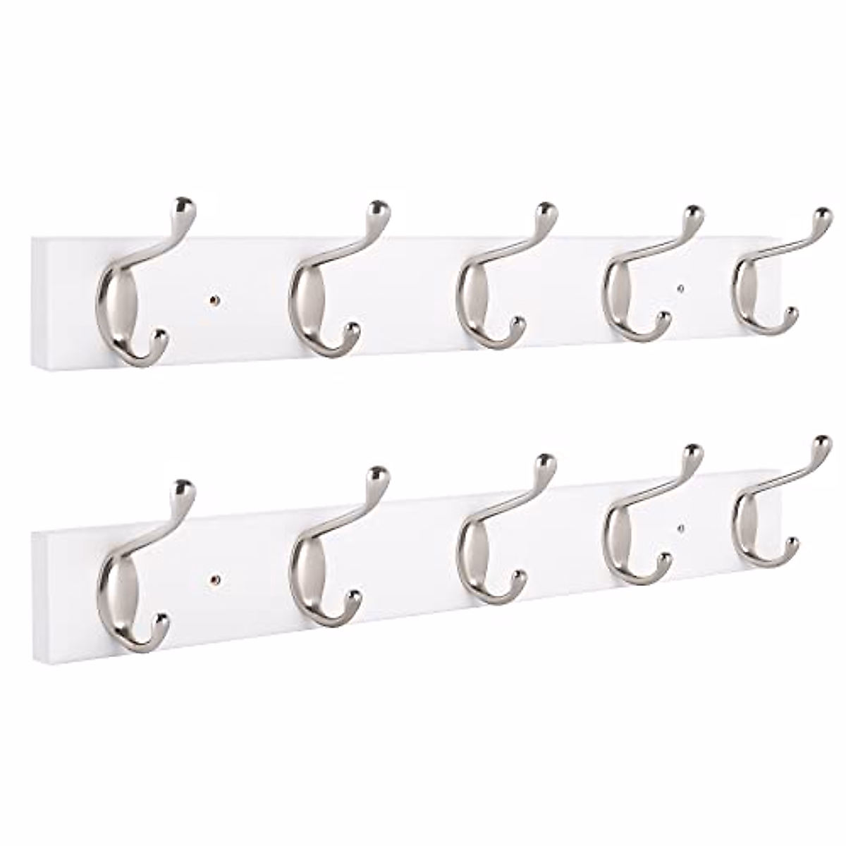 ROOREVO Wall Mounted Coat Rack with 5 Hooks - 2 Pack - Wall Coat Hooks Wall Hat Hanger, Satin Nickel & White