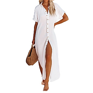 Dokotoo Swimsuit Bathing Suit Cover Up for Women Swimwear 2025 Fashion Summer Dresses Button Down Long Kimonos Cardigan Beach Vacation Clothes Short Sleeve Side Split Casual Solid Coverups White M