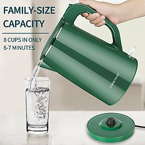 COOKTRON 1.7L Electric Kettle Quiet, Double Wall Hot Water Boiler BPA-Free, Quiet Boil and Cool Touch Tea Kettle, Cordless with Auto Shut-Off & Boil Dry Protection, 1500W Fast Boiling, dark green